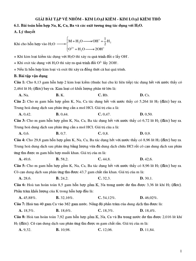 BTVN BU I 3 - 6.1 Bài Toán H N H P Na, K, Ca, Ba Và Các Oxit Tương NG Tác D NG V I H2O | PDF