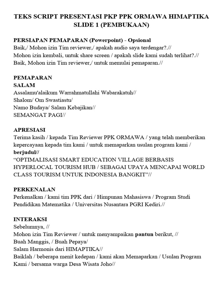 1_teks Script Presentasi Pkp Ppk Ormawa Himaptika | PDF