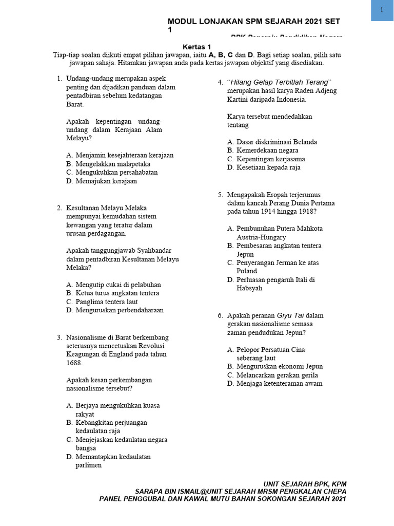 Soalan Set 1 Modul Lonjakan SPM 2021 BPK | PDF