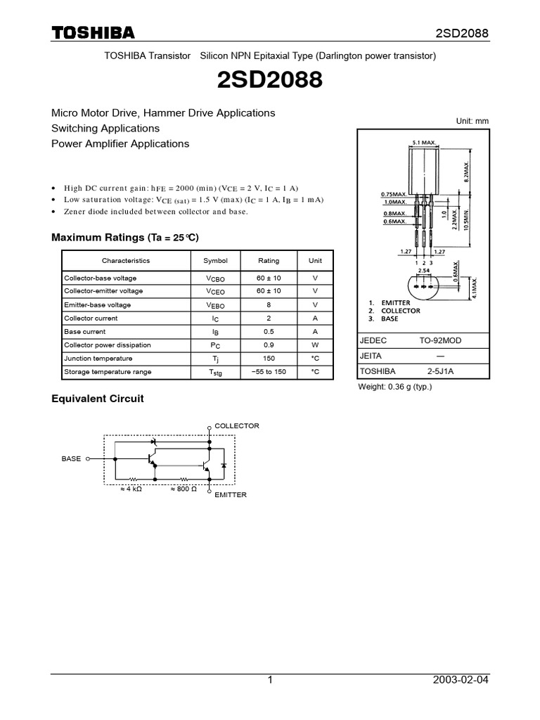 2 SD 2088 | PDF | Bipolar Junction Transistor | Reliability Engineering