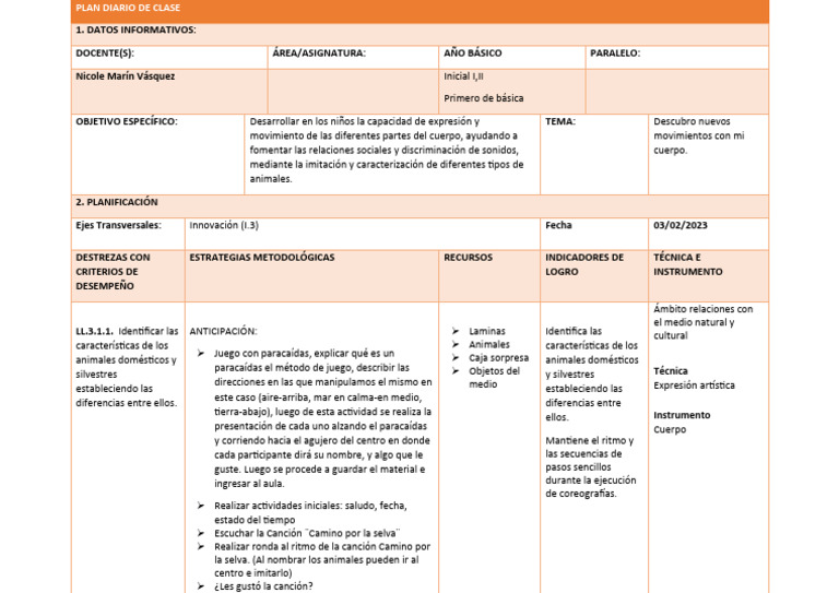 Plan Diario de Clase para Preescolar | PDF