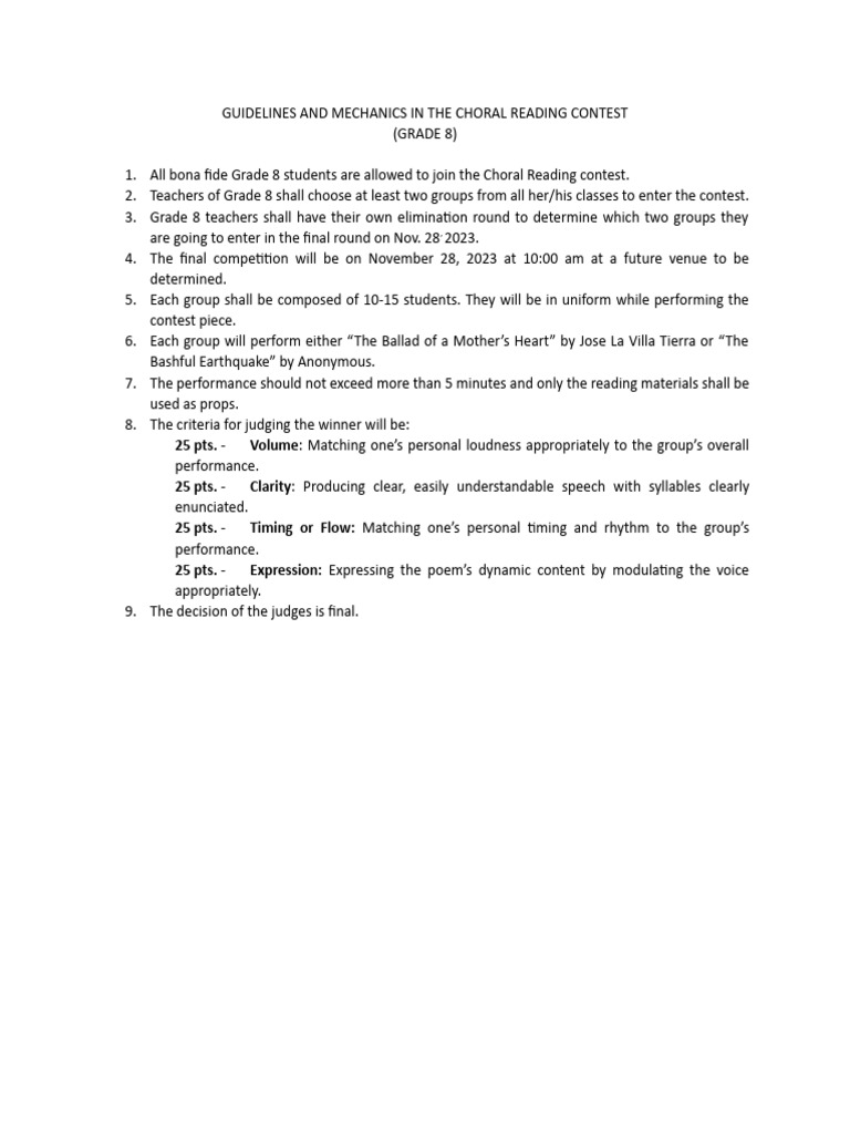 Guidelines For Choral Reading Contest | PDF | Poetry