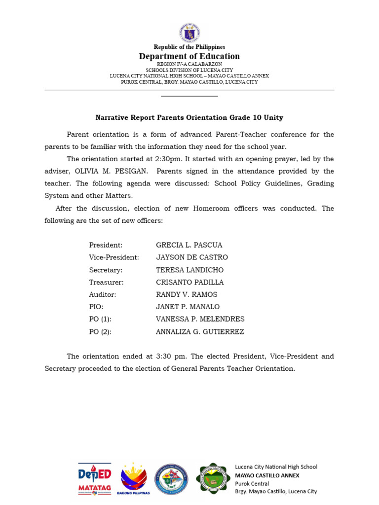 Narrative-Report-Parent Orientation | PDF