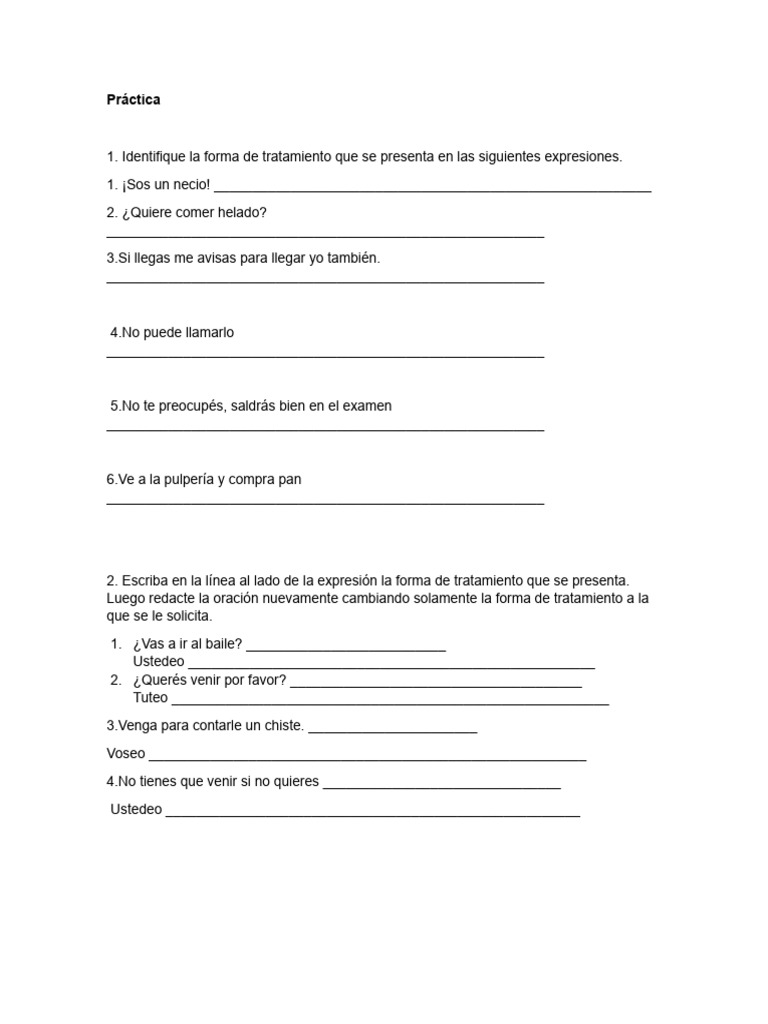 Práctica Voseo, Tuteo y Ustedeo | PDF