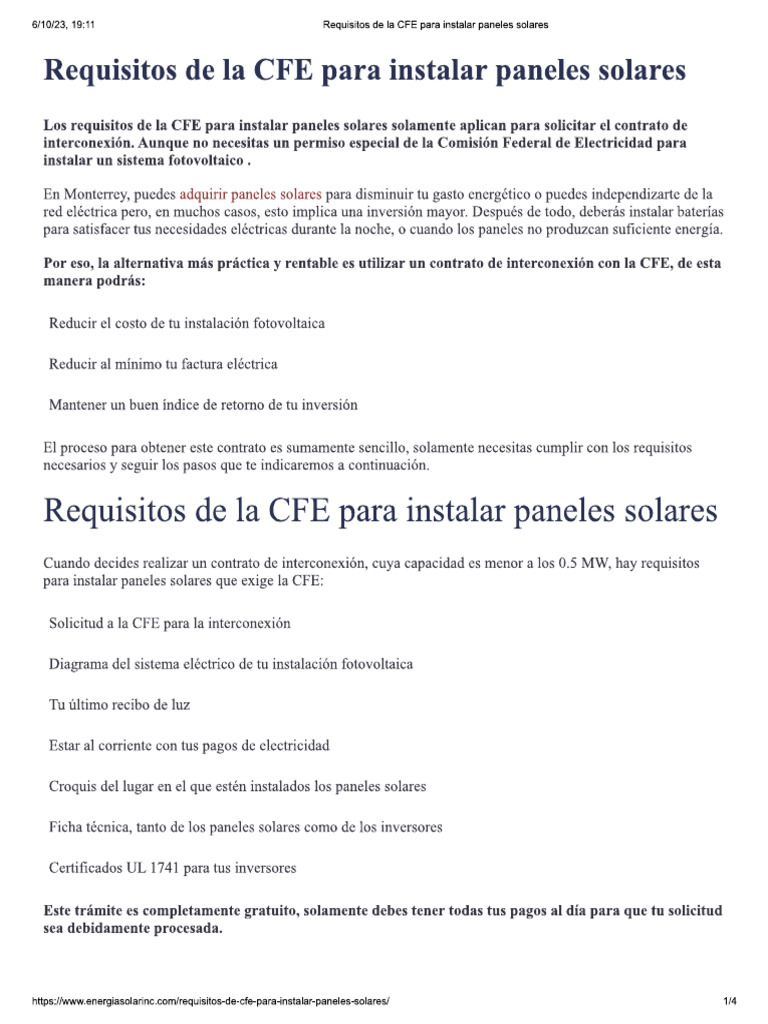 Requisitos de La CFE para Instalar Paneles Solares | PDF