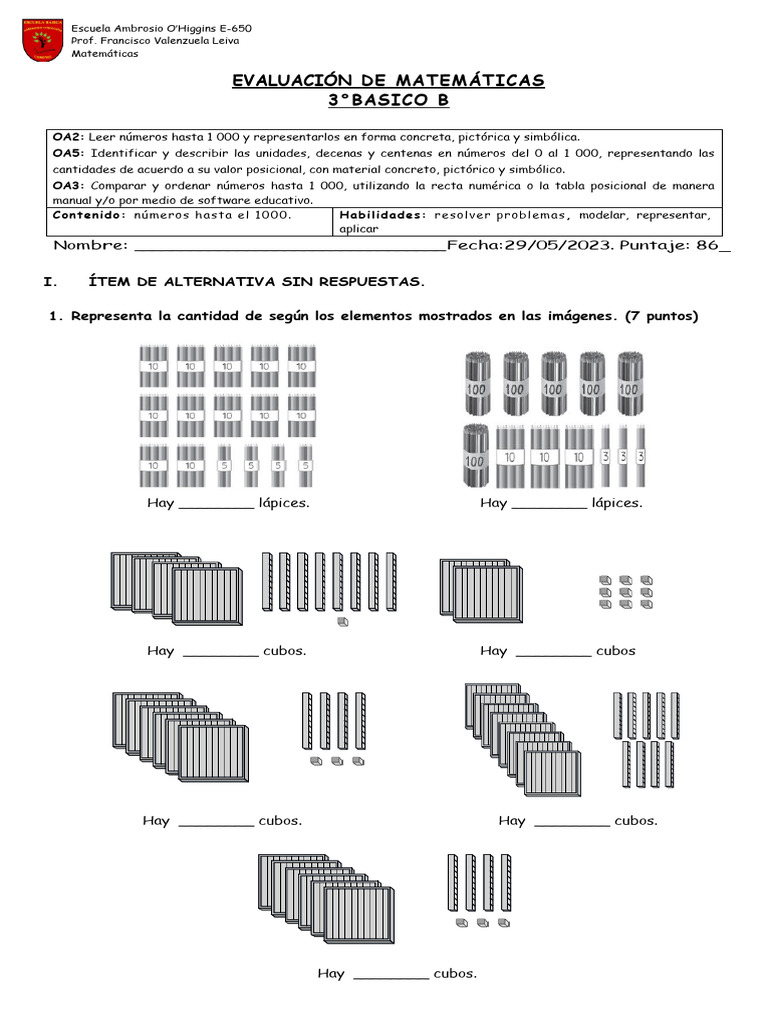 Evaluacion Matematicas Numeros Hasta El 1000 | PDF