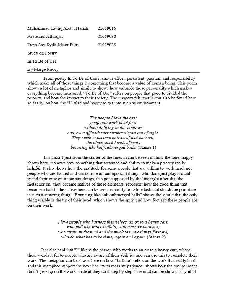 To Be of Use’ by Marge Piercy | PDF