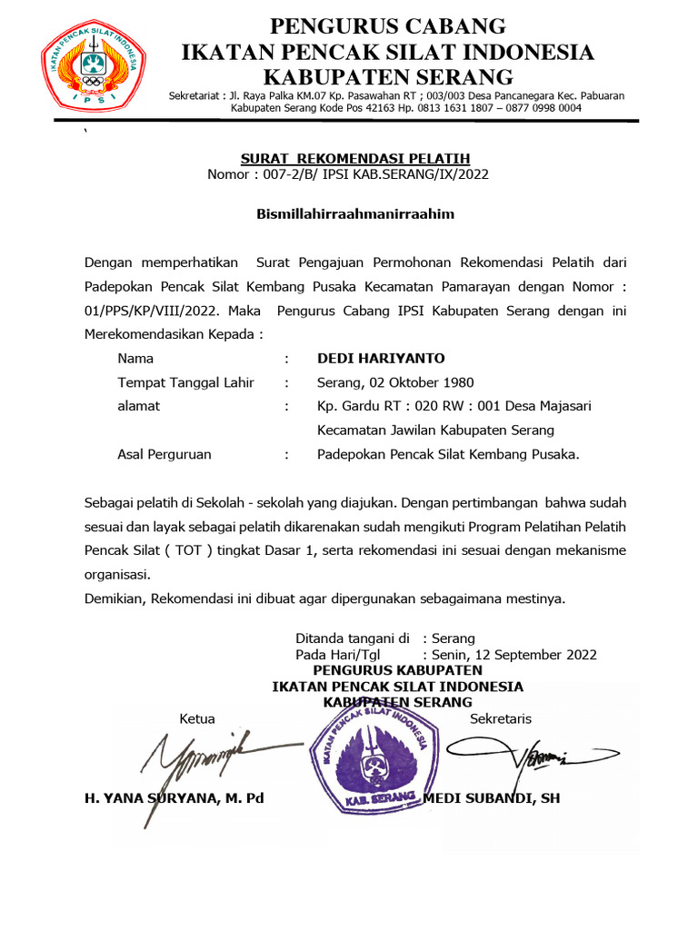 Surat Rekomendasi Pelatih Dedi | PDF Surat Rekomendasi Pelatih Dedi | PDF