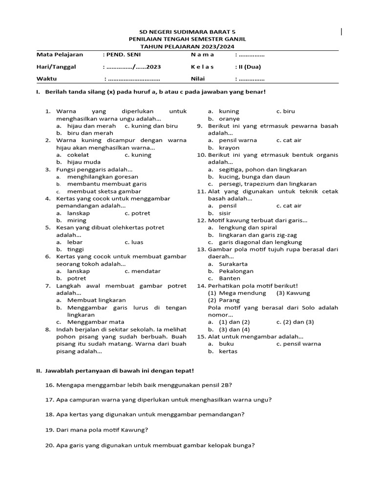Soal PTS Ganjil Seni Rupa Kelas 2 | PDF | Metode & Bahan Ajar