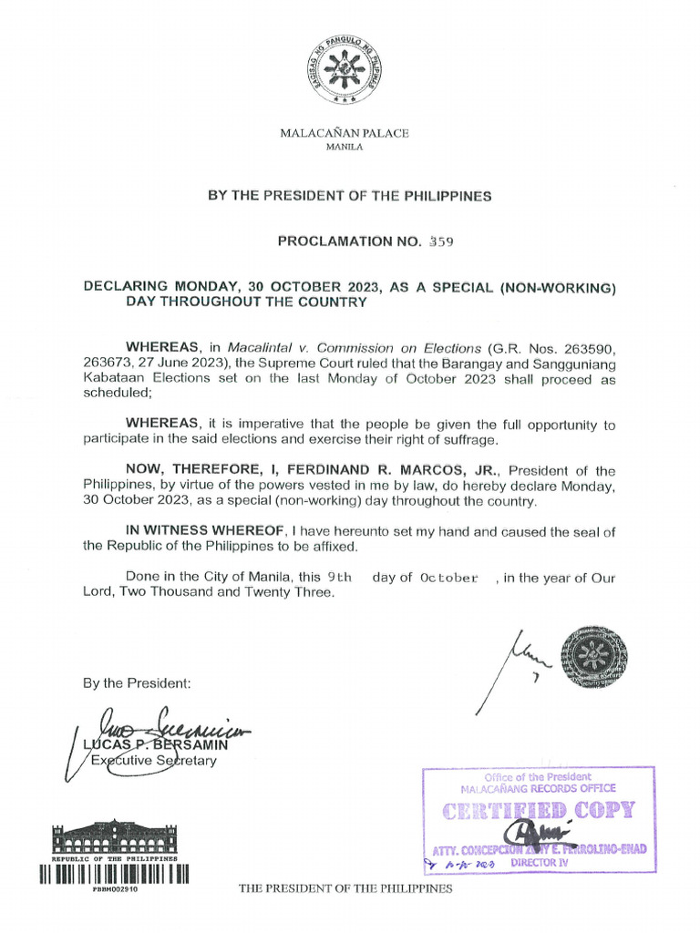 Proclamation No. 359 Barangay Elections Holiday | PDF
