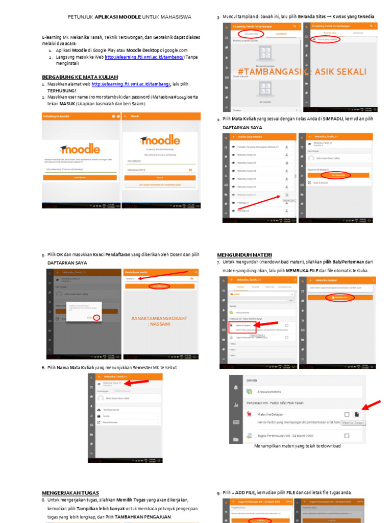 Petunjuk Penggunaan Aplikasi Moodle - Mahasiswa Tambang | PDF