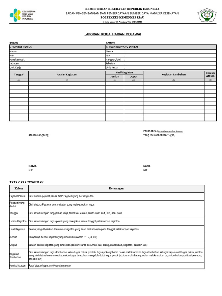 Form Laporan Kerja Harian Pegawai | PDF