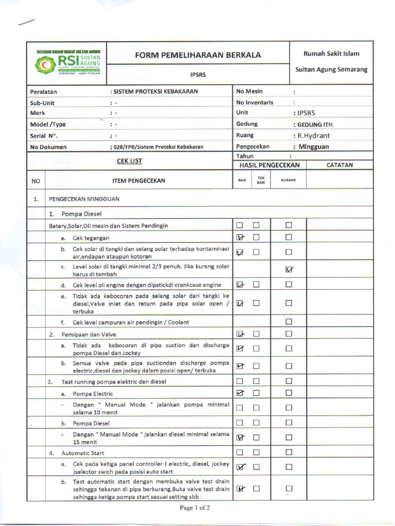 Ceklist_pemeliharaan_proteksi_kebakaran_2 | PDF