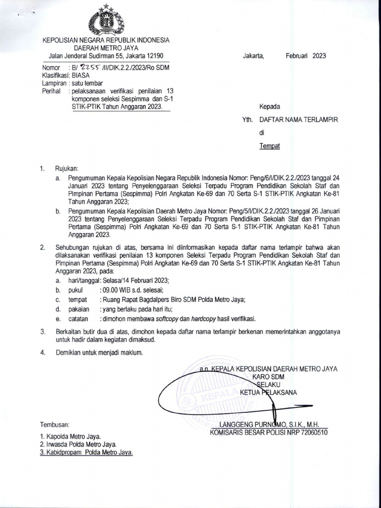 B-2255 Pelaksanaan Verifikasi Penilaian 13 Komponen Seleksi Sespimma ...