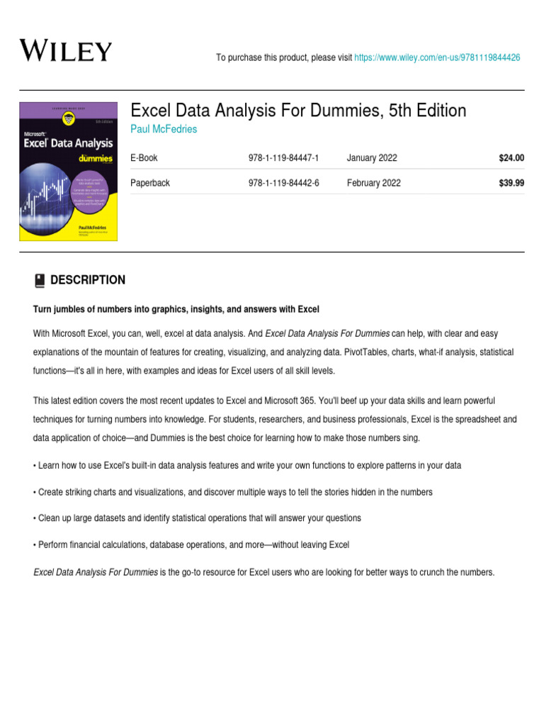 Wiley - Excel Data Analysis For Dummies, 5th Edition - 978-1-119-84442-6 | PDF