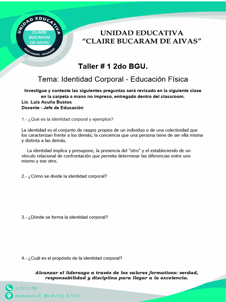 Taller #1 Identidad Corporal - EEFF 2DO BGU. | PDF