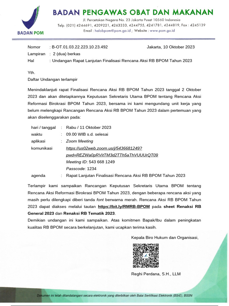 Undangan Rapat Finalisasi RB BPOM | PDF