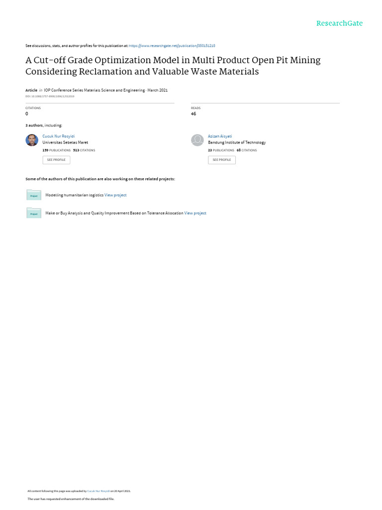 A Cut-Off Grade Optimization Model in Multi Product | PDF
