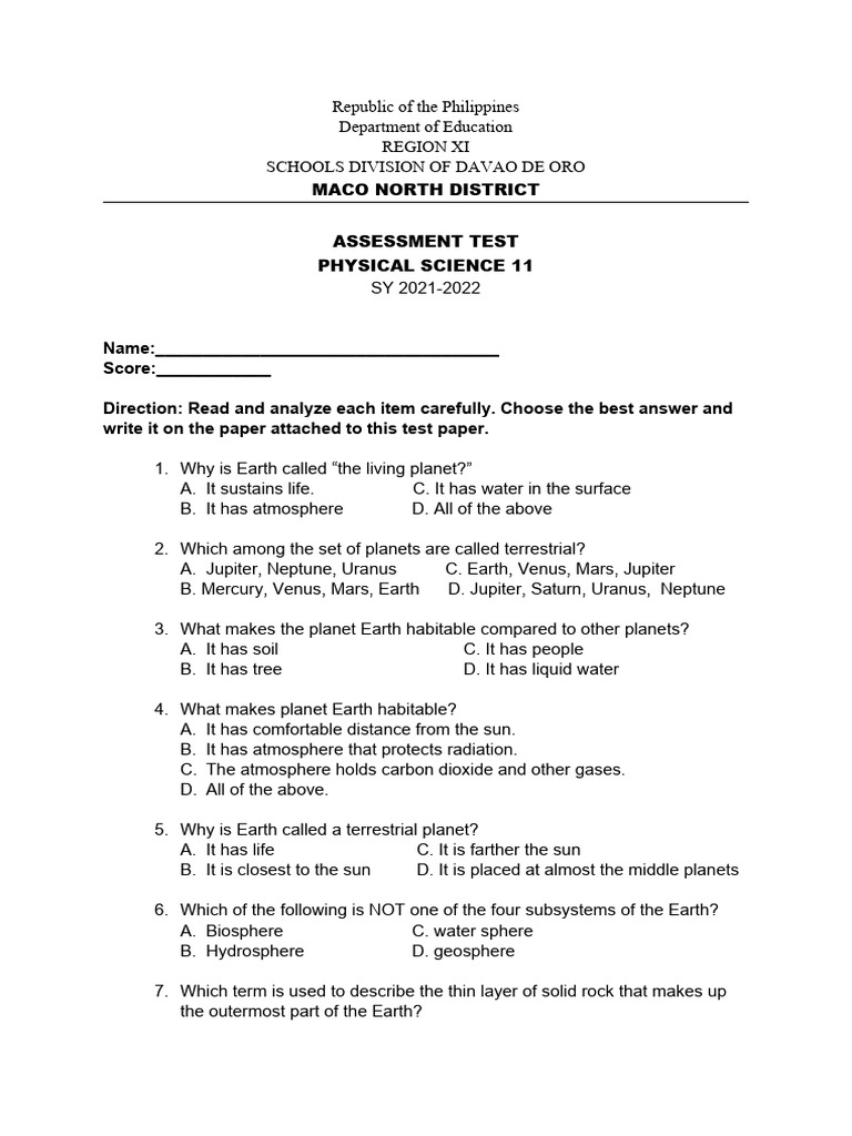 Physical Science Assessment Test 11 | PDF | Stars | Earth
