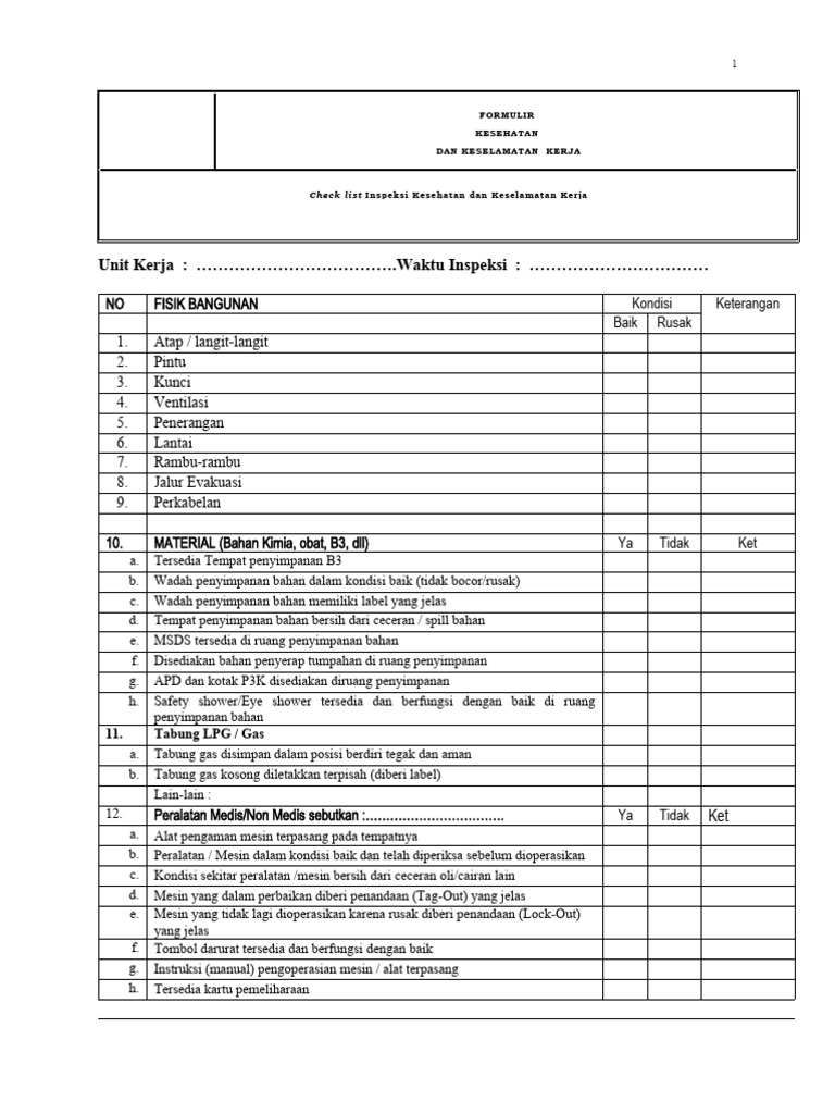 Formulir Inspeksi Kesehatan Kerja | PDF