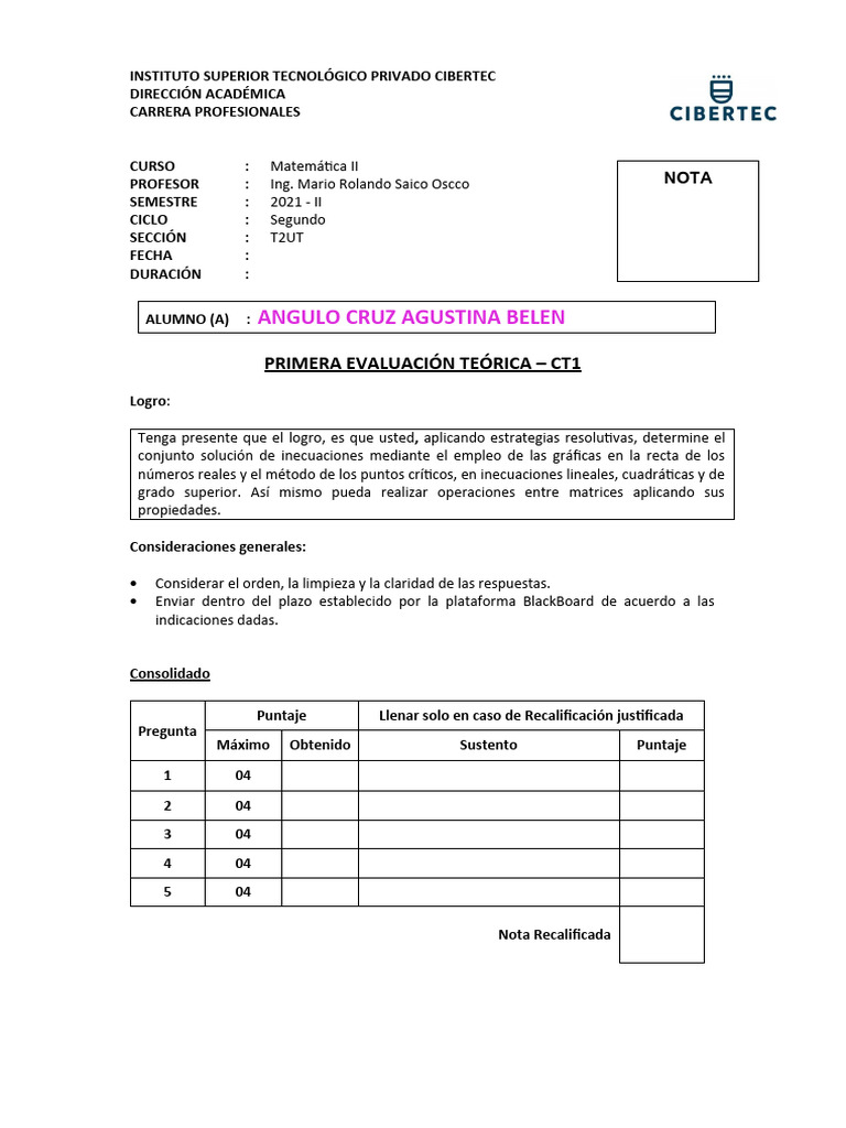1813 - Matematica Ii - (D) - T2ut - 00 - CT1 - Te - Saico Oscco Mario | PDF
