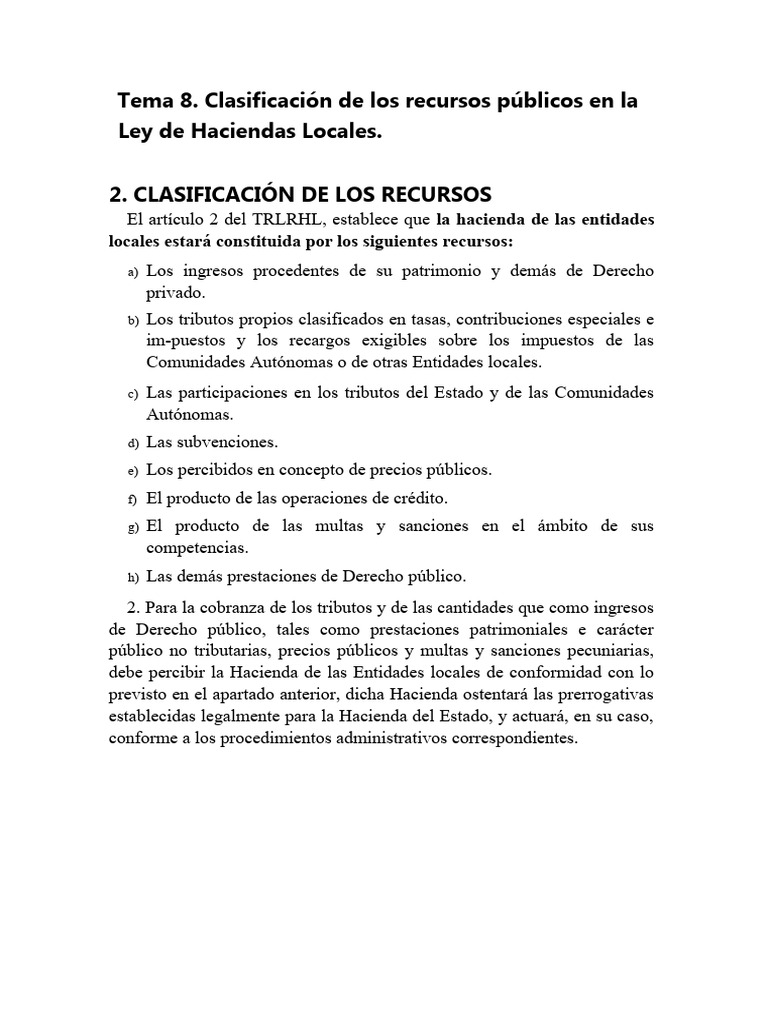 Tema 8 Clasificación de los recursos Ley Haciendas Locales | PDF ...
