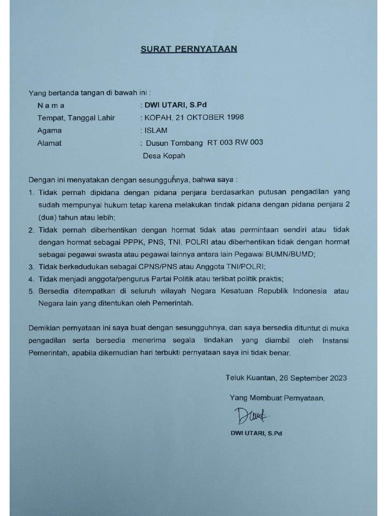 Surat Pernyataan Dwi Utari | PDF