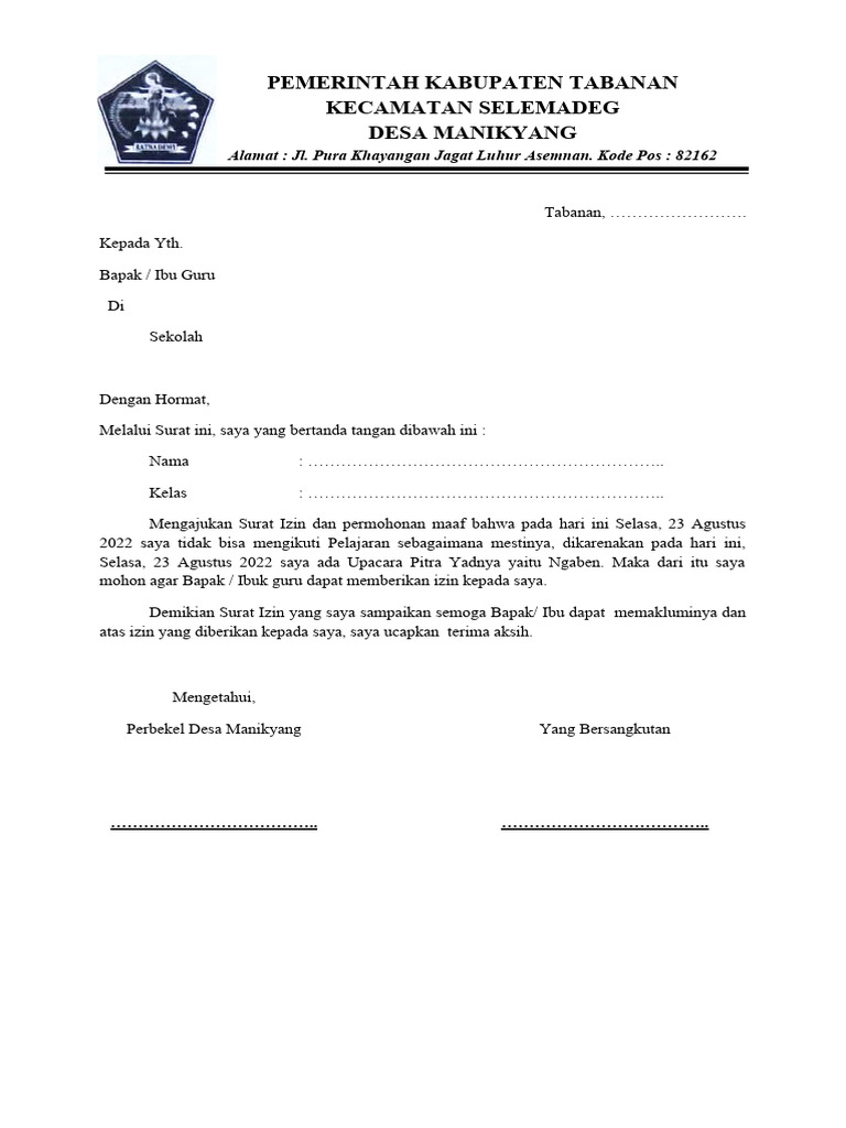 Surat Izin Tidak Mengikuti Perkuliahan | PDF