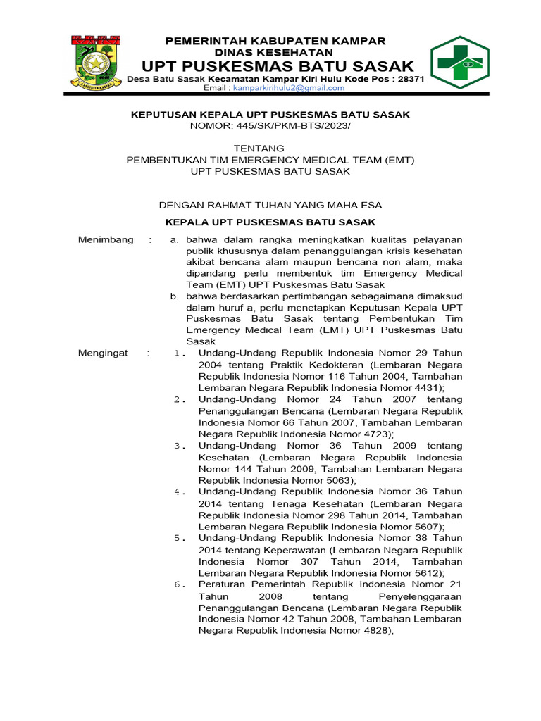 Draf SK Emt Puskesmas Batu Sasak 2023 | PDF