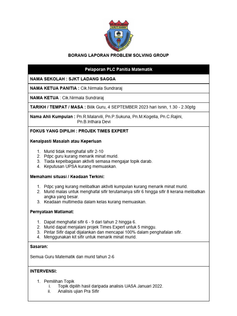 Borang Laporan PLC - Problem Solving | PDF | Karier & Perkembangan