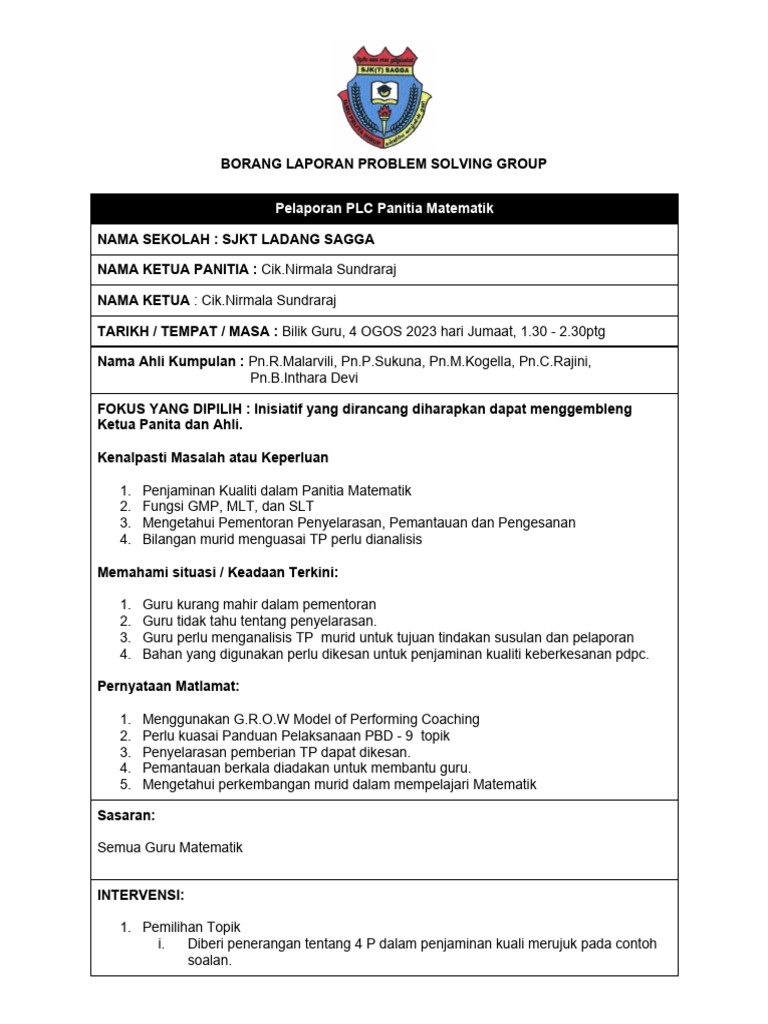 Borang Laporan PLC - Problem Solving | PDF