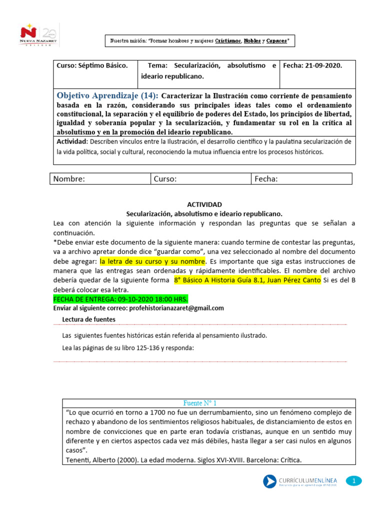 8° Basico Historia Guia 9 | PDF | Era de iluminacion | Separación de poderes