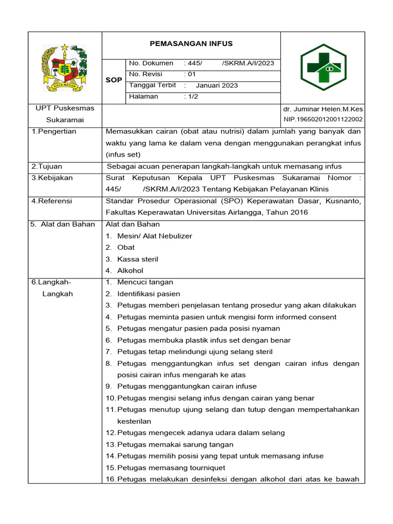 Sop Pemasangan Infus | PDF