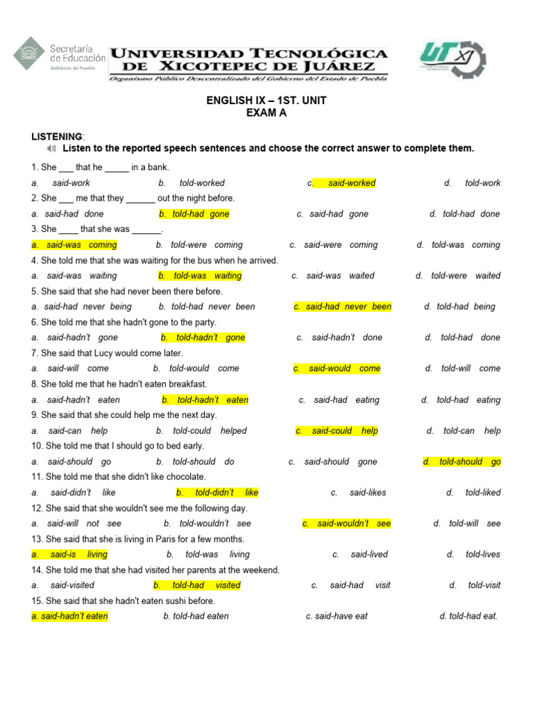 EXAMEN 1A UNIDAD Decimos Without Answers | PDF