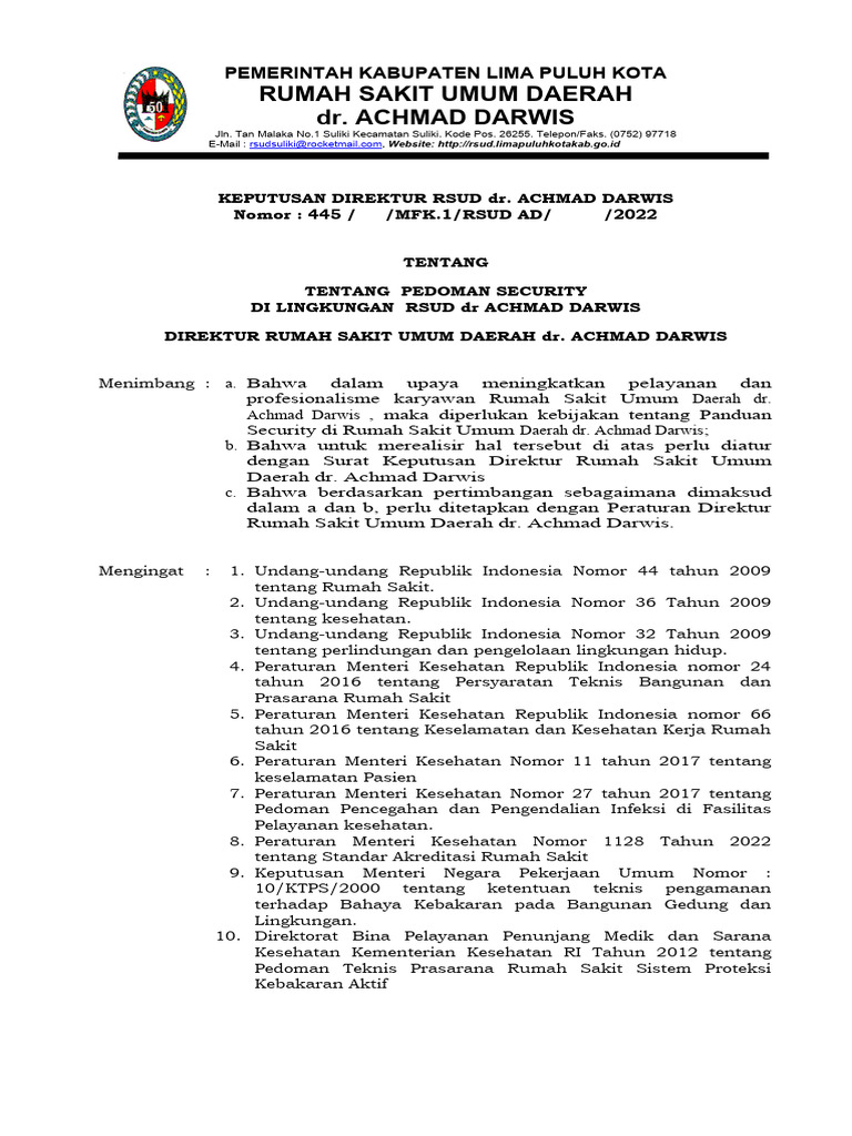 Kebijakan SK Panduan Keamanan Rs | PDF