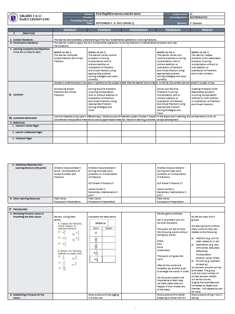 DLL - Mathematics 6 - Q1 - W2 | PDF | Learning | Multiplication