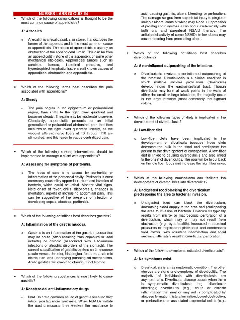 GI Nursing Quiz: Appendicitis, Gastritis, Diverticulosis & Crohn's ...
