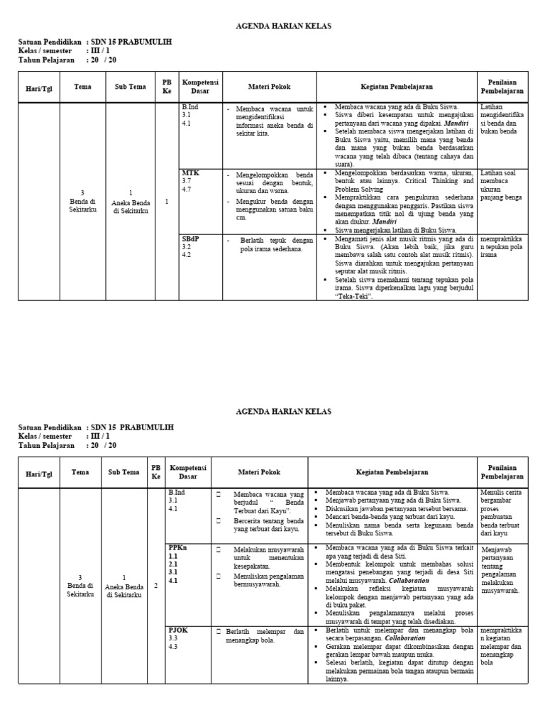 3 Agenda - Harian - Kelas - 3 - Tema - 3 | PDF