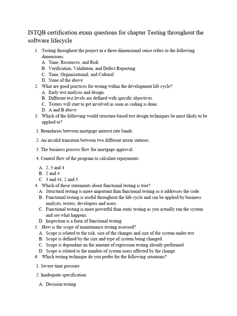 ISTQB Testing Lifecycle Exam Questions | PDF | Technology & Engineering