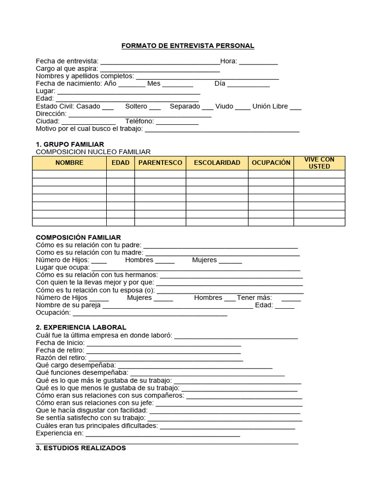 Formato de Entrevista Laboral Personal | PDF