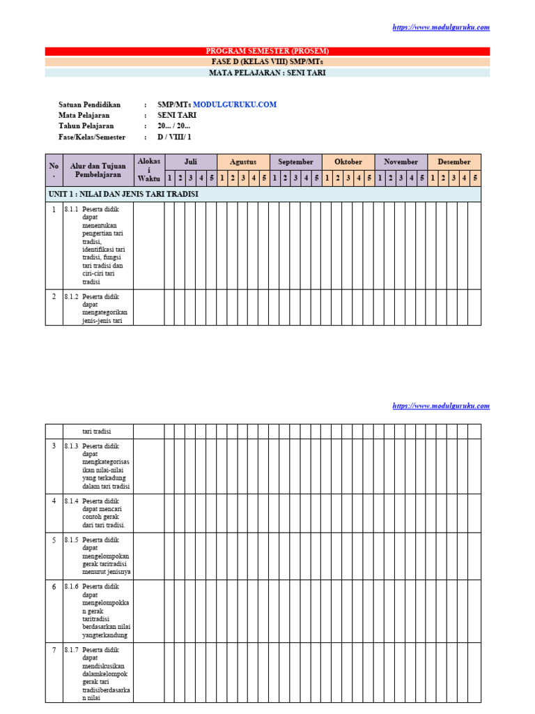 Program Semester (Promes) Kelas 8 SMP Seni Tari Fase D | PDF