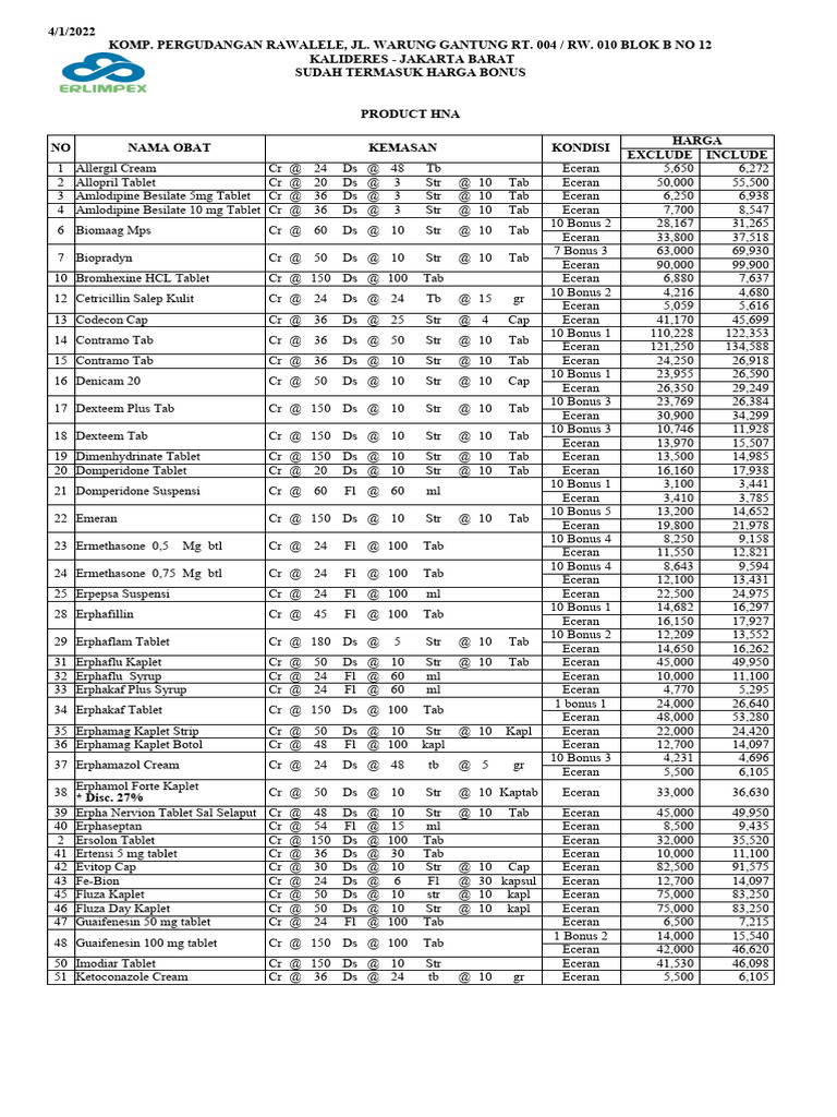 Price List Erlimpex 22-1 | PDF