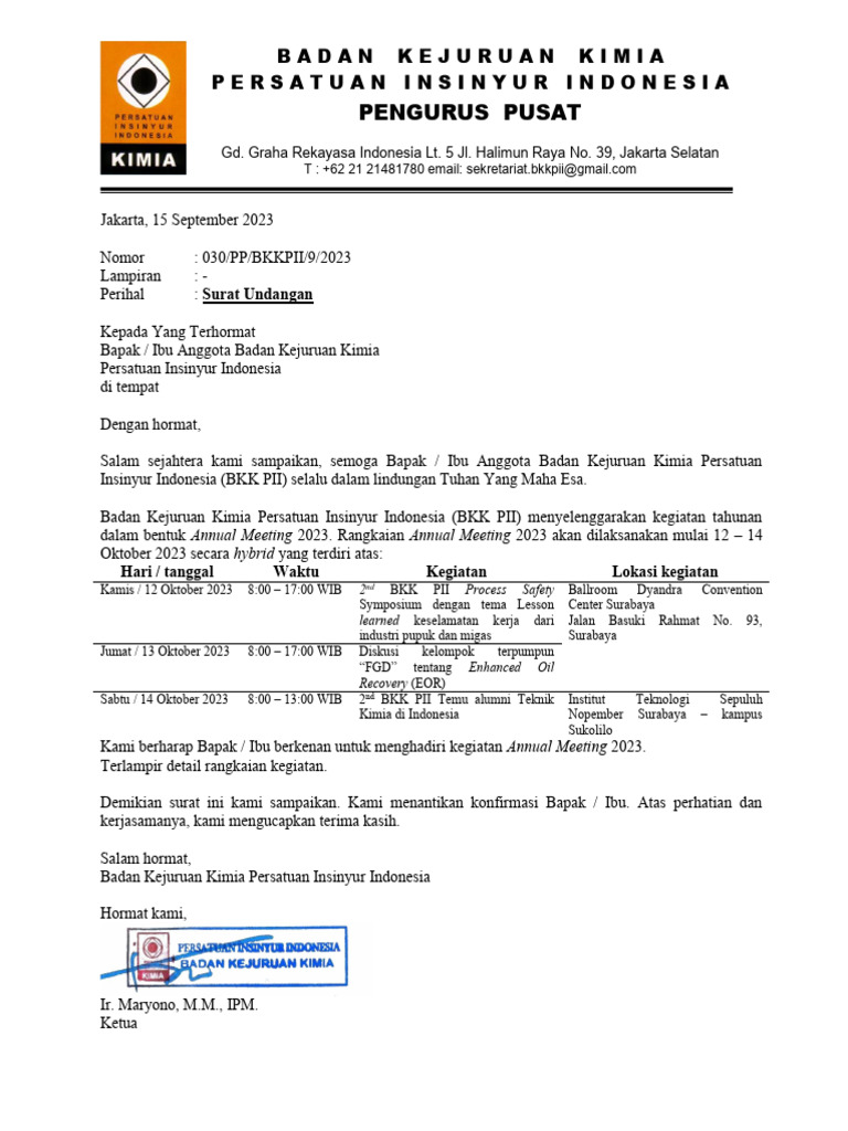030-2023, Surat Undangan - Anggota BKK PII | PDF