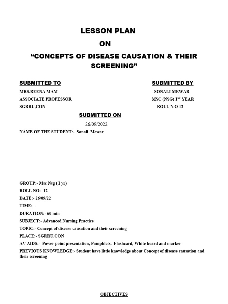 LESSON PLAN On Concept of Disease Causation | PDF | Causality | Lesson Plan