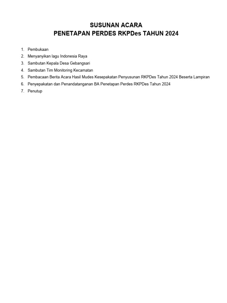 Susunan Acara Penetapan Perdes Rkpdes 2024 | PDF