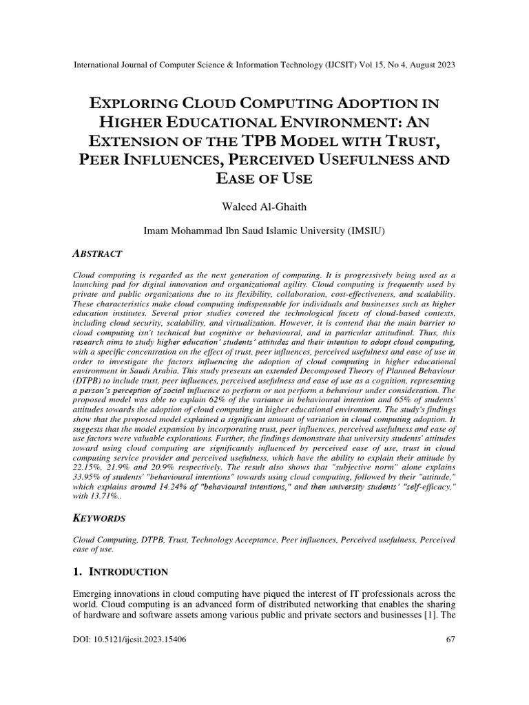 Exploring Cloud Computing Adoption In Higher Educational Environment An Extension Of The Tpb