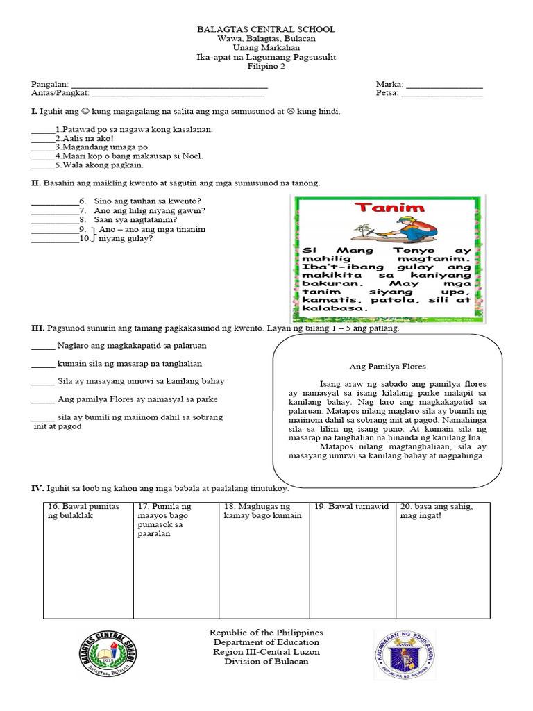 4th Summative Test in FILIPINO With TOS | PDF