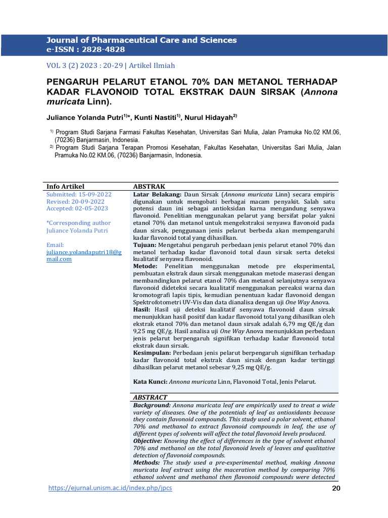Pengaruh Pelarut Etanol 70% Dan Metanol Terhadap Kadar Flavonoid Total ...