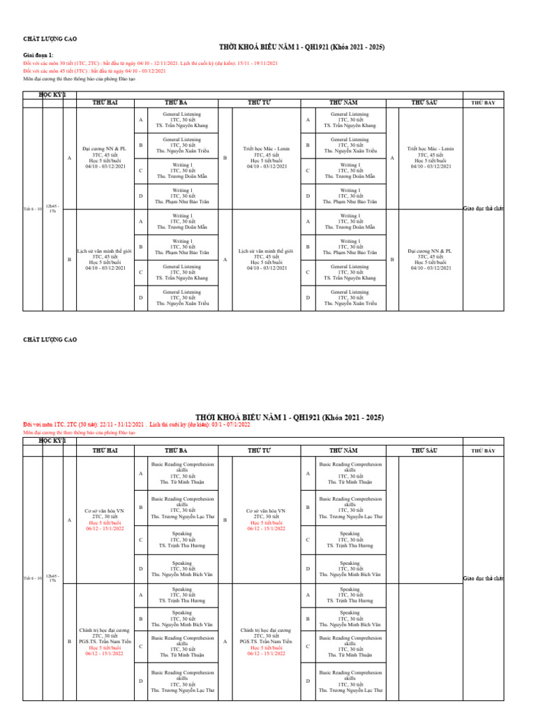 CLC - TKB - HK1 - 21 - 22 (dự kiến) | PDF