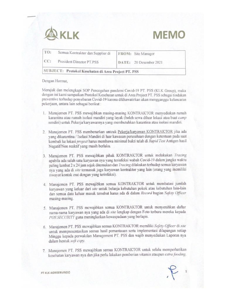Memo Protokol Kesehatan Di Area Project PT - PSS | PDF
